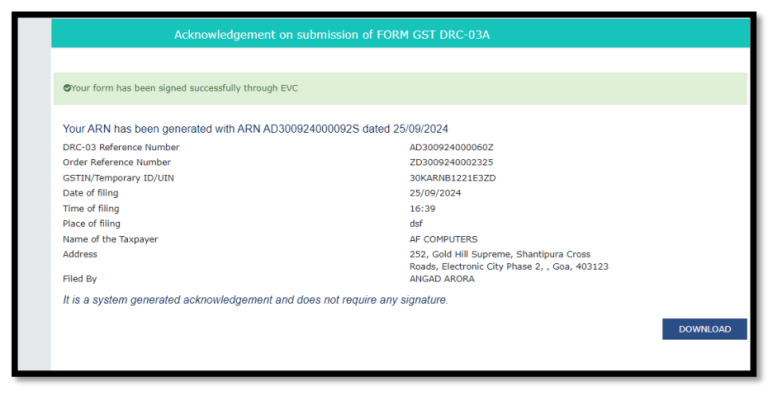 Form GST DRC-03A: Filing Process - Tax Guide