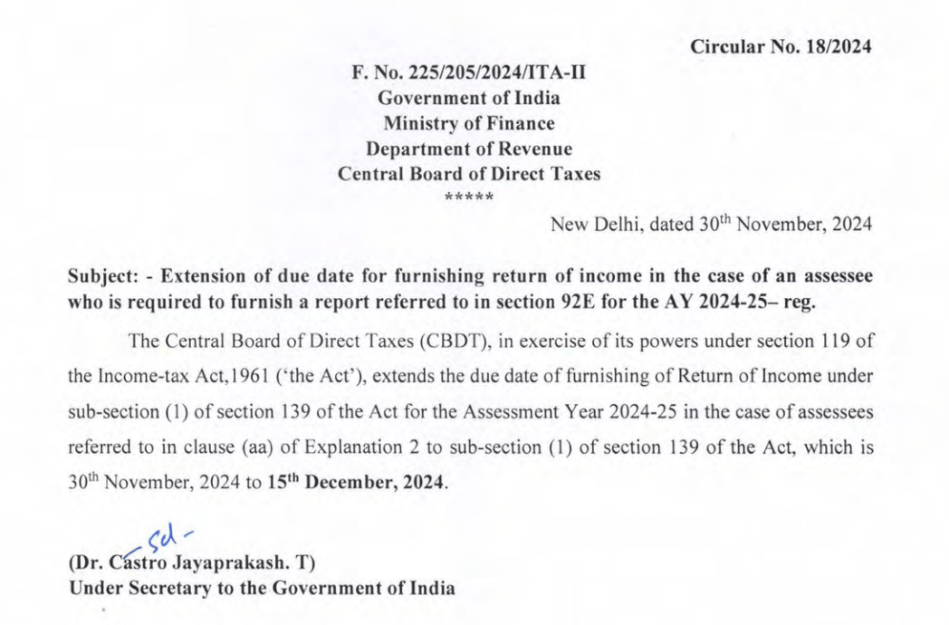 Section 92E of the IT Act: Due Date Extended to 15th December 2024 ...